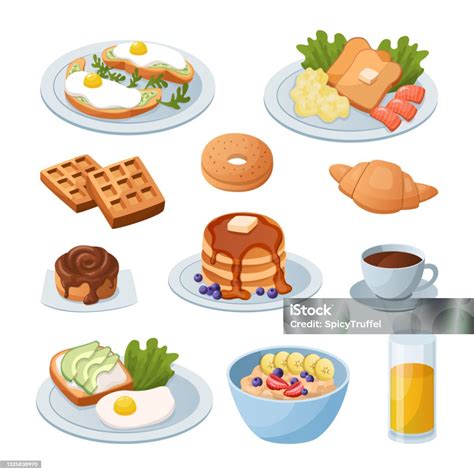아침 음식 만화 아침 식사 스크램블 에그와 함께 주스와 토스트 한 잔 커피나 죽 그릇이 가득 찬 컵 크루아상과 팬케이크 벡터 전통 런치 스낵 세트 보울에 대한 스톡 벡터