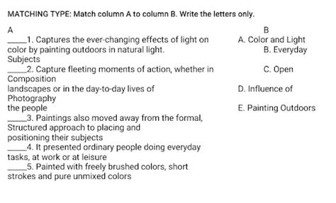 matching type match column a to column b write the letters only a 1