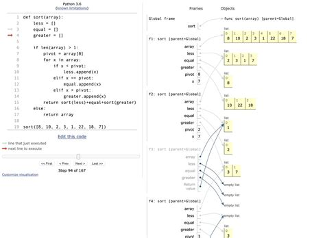 这个网站可以非常直观地把 Python 的运行过程以可视化的方式展示出来，方便初学者理解整个程序的每一步状态。图为快速排序的运行流程👇 R