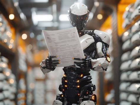 Futuristic Robot Analyzing Data In High Tech Warehouse Setting With Advanced Ai Technology And