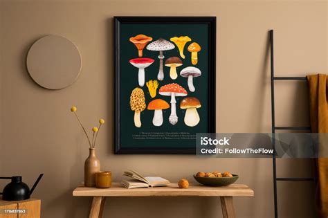 모형 포스터 프레임 세련된 나무 벤치 말린 꽃이 든 꽃병 그릇 사다리에 오렌지 격자 무늬 책 개인 액세서리가 있는 아늑한 거실 인테리어 가정 장식 템플렛 갈색에 대한 스톡