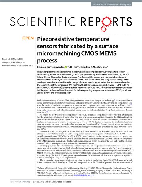Pdf Piezoresistive Temperature Sensors Fabricated By A Surface Micromachining Cmos Mems Process