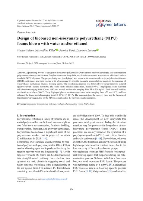 Pdf Design Of Biobased Non Isocyanate Polyurethane Nipu Foams Blown With Water And Or Ethanol