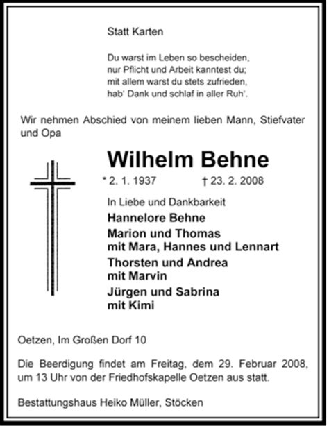 Traueranzeigen Von Wilhelm Behne Aztrauerde