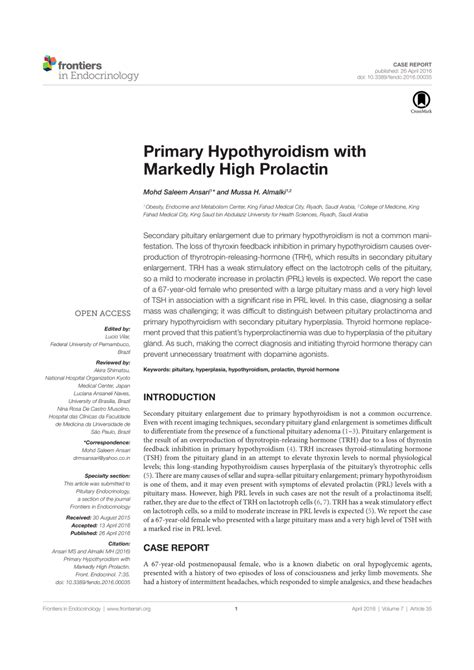 Pdf Primary Hypothyroidism With Markedly High Prolactin