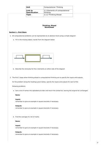 A Level Ocr Computer Science H446 02 2 1 2 Lesson Pack Thinking Ahead Teaching Resources