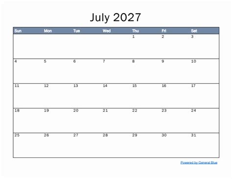Monthly Calendar Template For July 2027