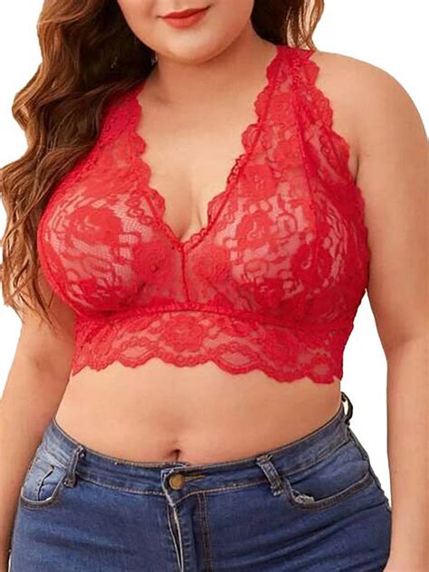 Keeccty Women Plus Size Strap Solid Halter Elastic Lace Bra Sexy