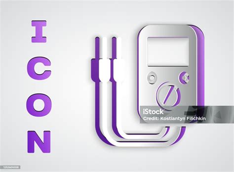 회색 배경에 격리 된 용지 컷 암페어 미터 멀티 미터 볼트계 아이콘 전류 측정을 위한 계측기 종이 아트 스타일 벡터 일러스트레이션 3차원 형태에 대한 스톡 벡터 아트 및