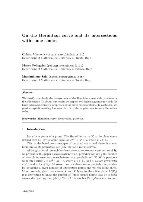 Pdf On The Hermitian Curve And Its Intersections With Some Conics
