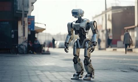 Premium Ai Image Android Robot Walk On A Street Generative Ai