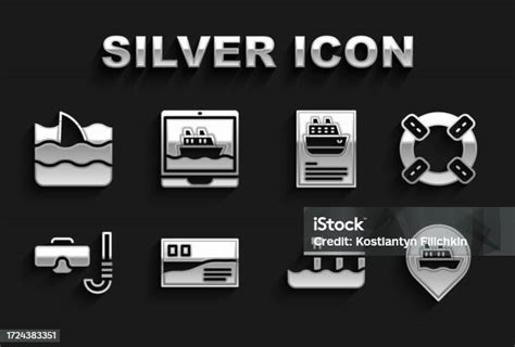 엽서 여행 구명 부표 유람선이 있는 위치 해변 부두 선착장 다이빙 마스크 및 스노클링 크루즈 상어 지느러미 파도 및 아이콘을 설정합니다 벡터 0명에 대한 스톡 벡터 아트 및