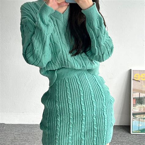 니트투피스 아가일니트치마세트 하객룩투피스