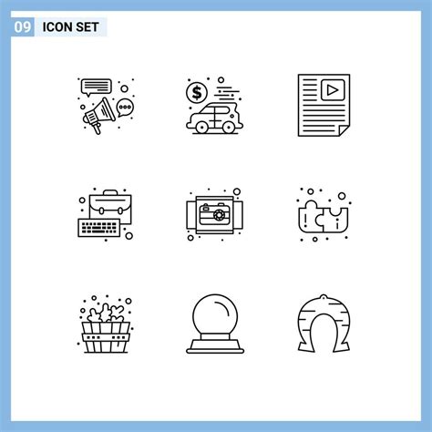 Group Of 9 Modern Outlines Set For Keyboard Bag Money Business Report Editable Vector Design