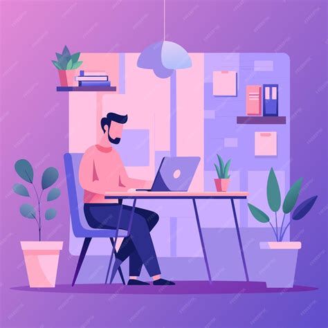 A Man Sitting At A Desk With A Laptop And A Picture Of A Man Working On His Laptop Premium Ai