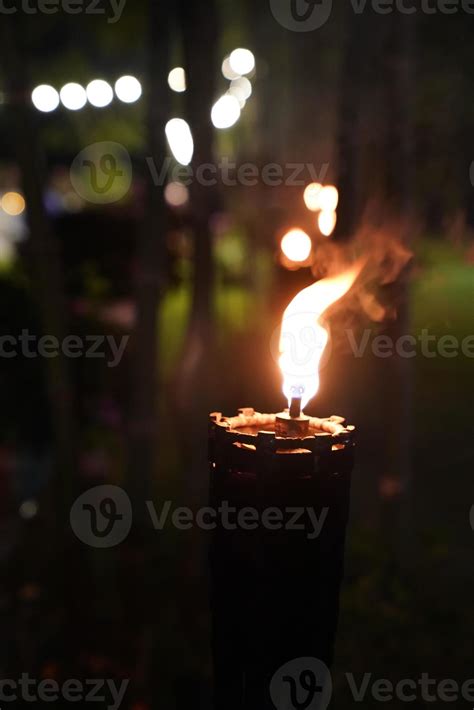 Close Up Torch And Fire In The Night Garden Stock Photo At