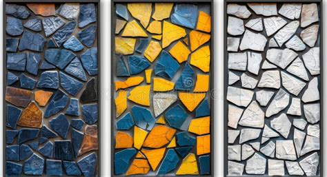 The Panel Set Contains Three Geometric Abstract Shapes In Blue Yellow