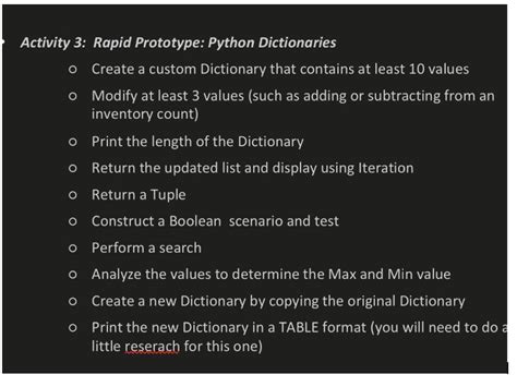 Solved O O Activity 3 Rapid Prototype Python Dictionaries