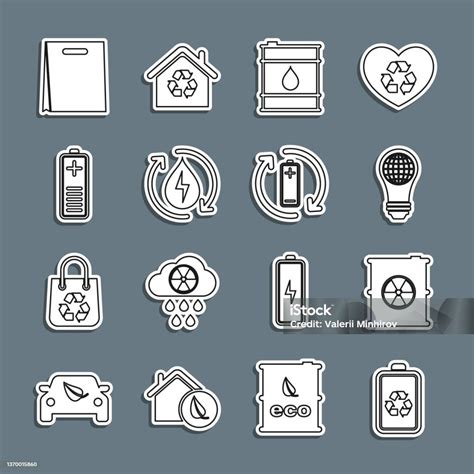 재활용 배럴의 방사성 폐기물 전구 세계 전세계 오일 깨끗한 아쿠아 재활용 충전 수준 표시기 쇼핑 백 및 아이콘이있는 세트 라인 배터리를 설정합니다 벡터 Friendly