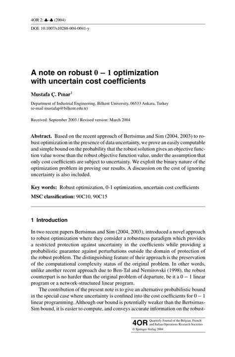 Pdf A Note On Robust 0 1 Optimization With Uncertain Cost Coefficients