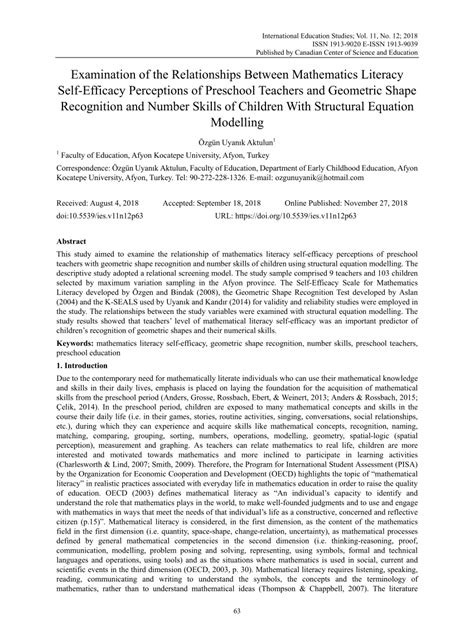 Pdf Examination Of The Relationships Between Mathematics Literacy Self Efficacy Perceptions Of