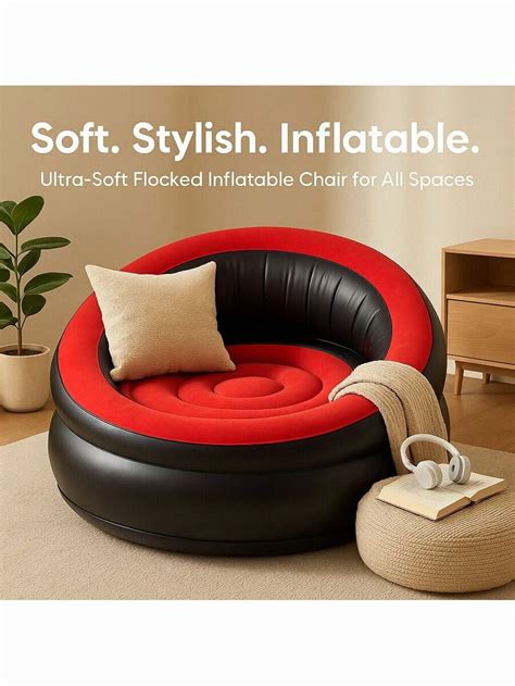 Red And Black Inflatable Lounge Chair Soft Flocked Air Sofa For Indoor