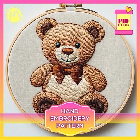 Teddy Bear Embroidery Pattern Satin Stitch Bow Tie Design Pdf