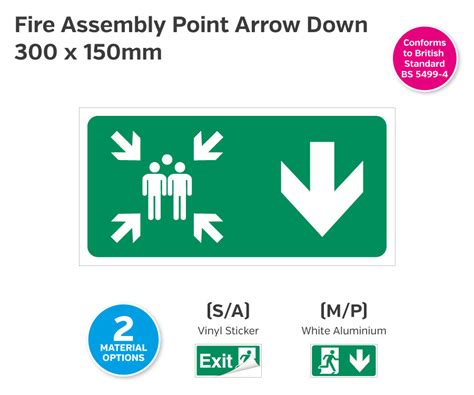 Fire Assembly Point Arrow Down Sign 300 X 150mm Mileta Signs And