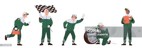 피트 스톱 역학 및 기술자 익스트림 랠리 격리 세트에서 팀 유니폼을 입은 만화 캐릭터 승무원 사람의 역할에 대한 스톡 벡터 아트 및 기타 이미지 승무원 사람의 역할