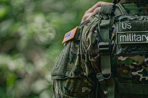 Close Up Of American Soldier S Uniform With Us Flag And Military Patch
