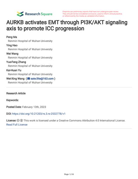 Pdf Aurkb Activates Emt Through Pi3kakt Signaling Axis To Promote