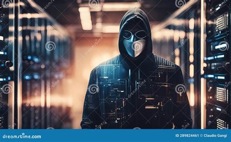 Dagerous Hacker Stealing Data Inside A Server Room Stock Illustration