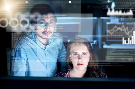 Team People And Coding Overlay At Night For Web Research Software Programmer And Digital