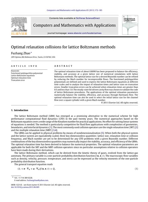 Pdf Optimal Relaxation Collisions For Lattice Boltzmann Methods