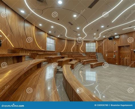 Students Engaged In Conversation In A Curved Wooden Seating Classroom