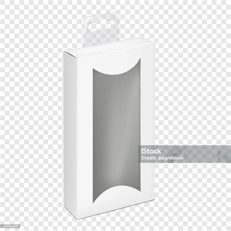 잘라낸 창 턱 인 플랩 뚜껑 유로 구멍 투명 플라스틱 Tab 3d 모형이있는 흰색 빈 수직 좁은 종이 상자 거는 두꺼운 종이 판지 콘테이너 사실적인 벡터 모형 디자인 템플릿