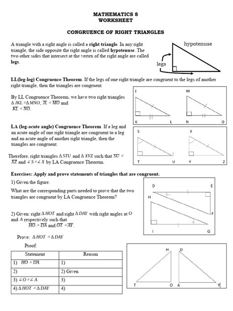 Math 8 Worksheet Congruence Postulate Pdf Triangle Elementary