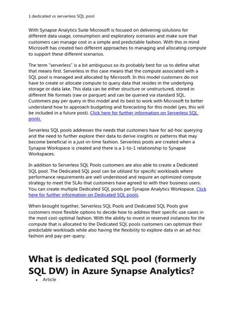 Azure Synapse Serverless Pools Vs Dedicated Pools Pdf User