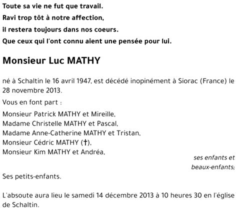 Avis De Décès De Luc Mathy Décédé Le 28112013 à Annonce Condoléances Fleurs Etc L