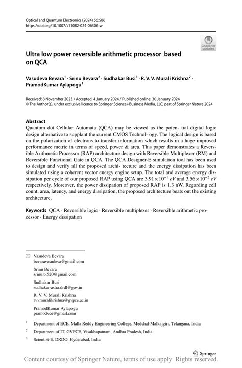 Ultra Low Power Reversible Arithmetic Processor Based On Qca Request Pdf