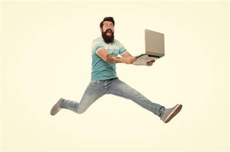 Premium Photo Fast Internet Technologies Running World Man Run With Modern Laptop Captured In