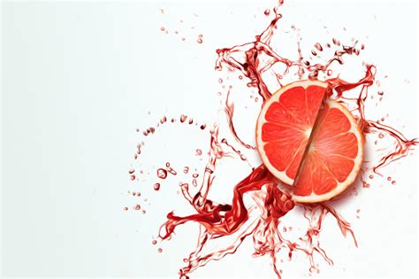 붉은 주스 상단 보기의 스플래시에서 자몽을 잘라 과일 배경 음식 신선함 광고판 포스터에 대한 개념 3d 일러스트레이션 3d