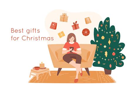 행복한 여자는 온라인 상점에서 선물을 선택합니다 의자에 앉아 스마트 폰을 사용하는 소녀 크리스마스에 대한 스톡 벡터 아트 및