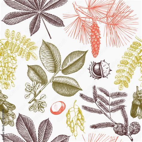 Seamless Pattern With Hand Drawn Trees Sketch Spring Background With Decorative Elm Oak