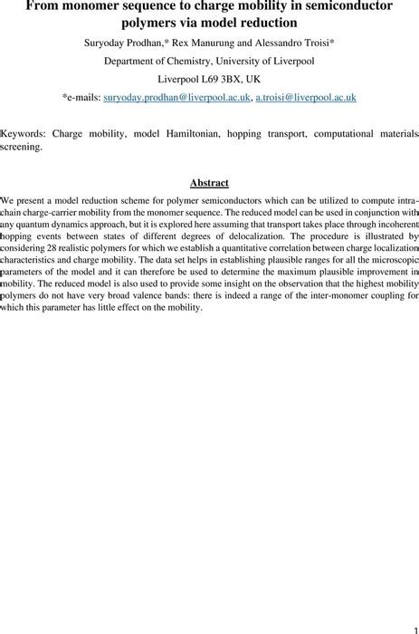 From Monomer Sequence To Charge Mobility In Semiconductor Polymers Via Model Reduction