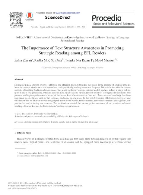 Pdf The Importance Of Text Structure Awareness In Promoting Strategic Reading Among Efl Readers