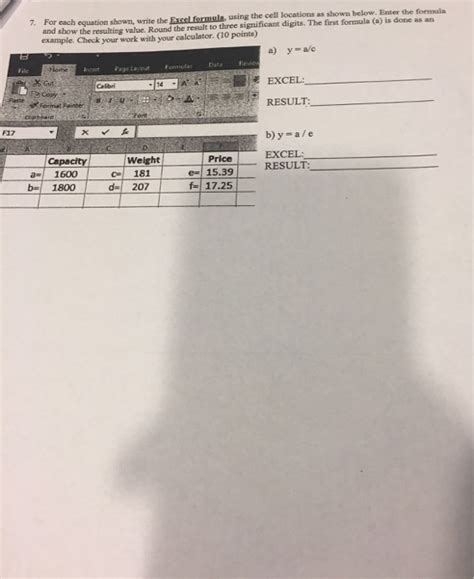 Solved 7 For Each Equation Shown Write The Excel Formula