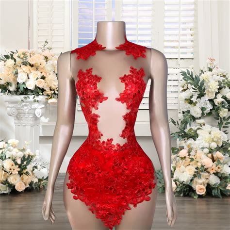 Sheer See Through Red Applique Lace Women Cocktail Birthday Dress Black