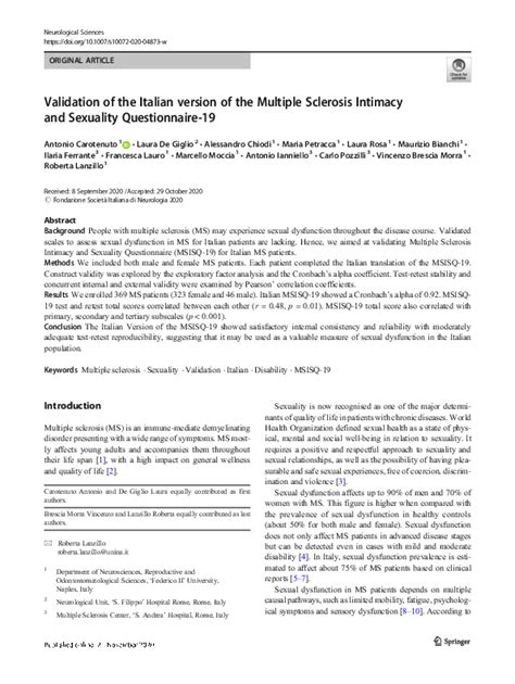 Pdf Validation Of The Italian Version Of The Multiple Sclerosis Intimacy And Sexuality