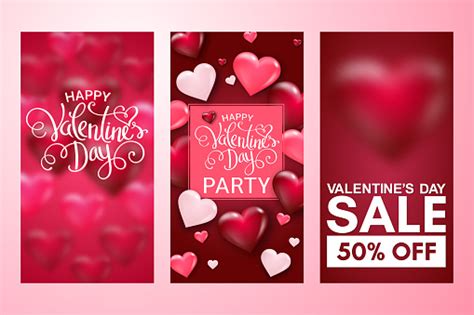 행복 한 발렌타인 데이 카드 는 빨간색 배경에 손으로 쓴 글자 텍스트 흐리게 하고 볼륨 하트 설정 발렌타인 데이 축제 배너 템플릿 벡터 2월에 대한 스톡 벡터 아트 및 기타